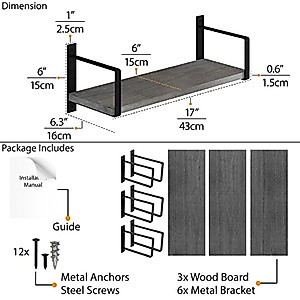 Wallniture Toledo 17"x6" Floating Bookshelf Living Room Decor, Kitchen Shelves, Bathroom Shelf, Wall Shelves for Bedroom & Office, Gray Set of 3