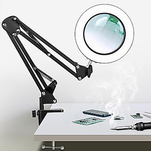 5X Magnifying Glass with Light and Stand, KIRKAS 2-in-1 Real Glass Lens Magnifying Desk Lamp with Clamp, 3 Color Modes, Stepless Dimmable Magnifier Light for Close Work Repair Reading Crafts- Black