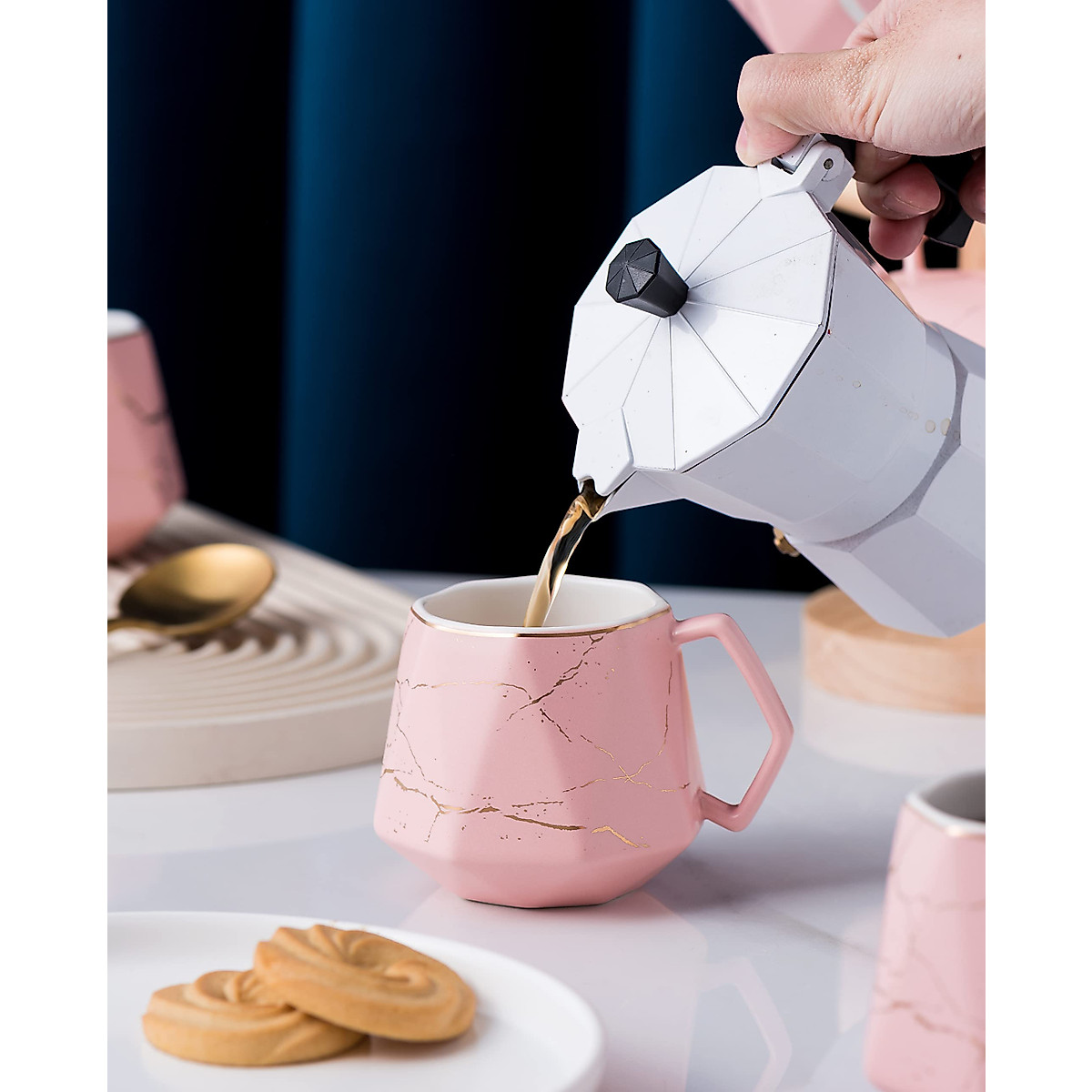 Jusalpha 7PC Deluxe Golden Marble Porcelain Coffee Mug Set with Wooden Mug Tree Holder, TCS28 (Pink)