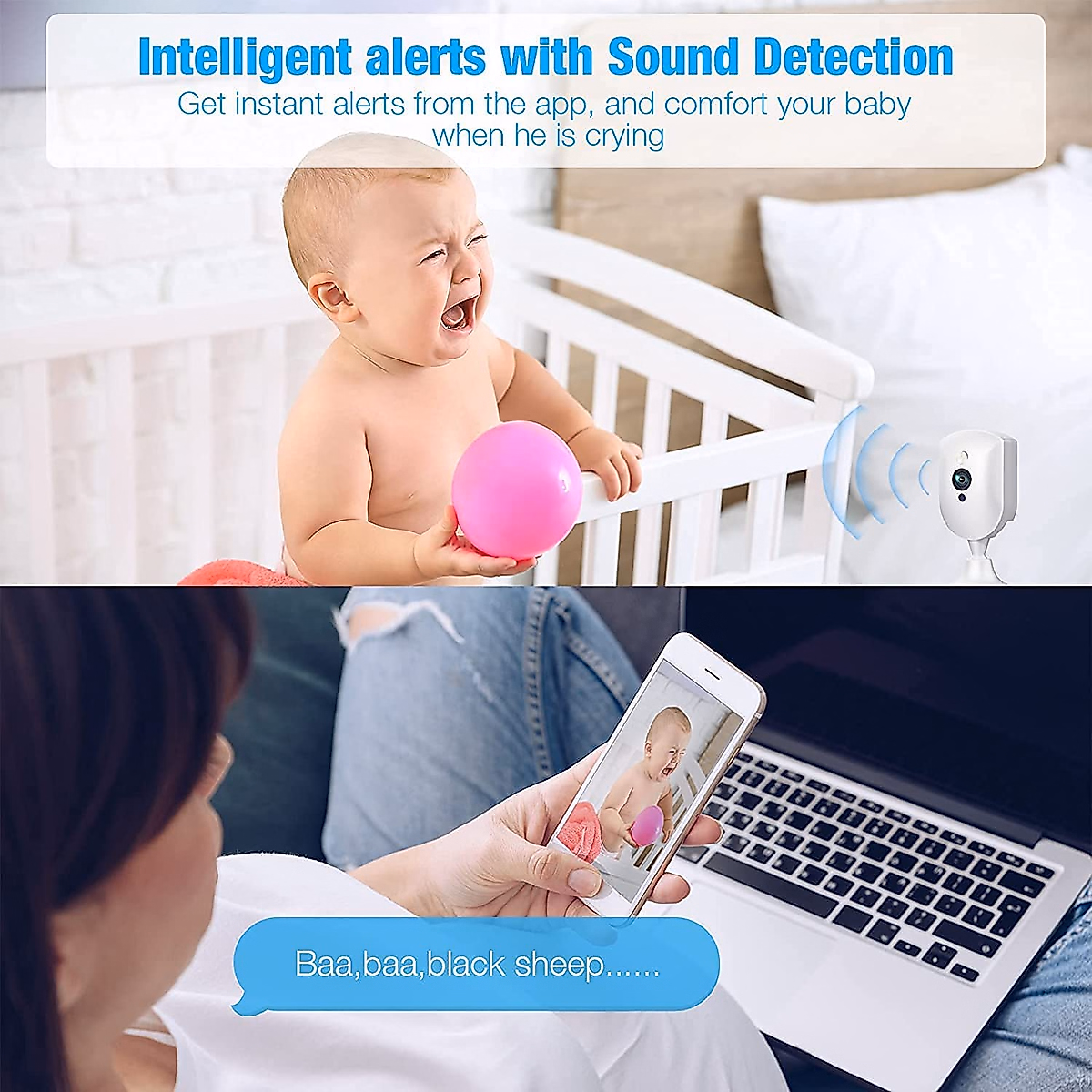 Ebitcam Baby Monitor with Camera and Audio, 1080P HD Pet Camera with Sound/Motion Detect, Plug-in Indoor Security Camera with Night Vision, 2 Way Audio Nanny IP Cam for Home Surveillance-Alexa