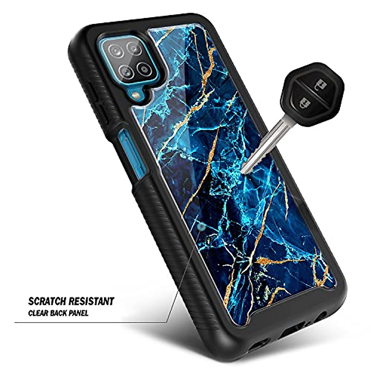 NZND Case for Samsung Galaxy A12 with [Built-in Screen Protector], Full-Body Protective Shockproof Rugged Bumper Cover, Impact Resist Durable Phone Case Cover (Marble Design Sapphire)
