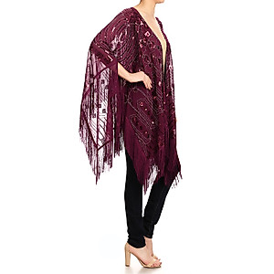 Anna-Kaci Womens Oversized Gatsby Hand Beaded Fringed Sequin Evening Shawl Wrap, Burgundy, Onesize