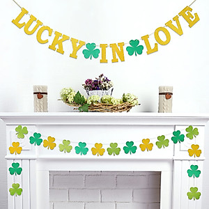 Whaline 2Pcs St. Patrick's Day Banner Glitter Gold Green Lucky Shamrock Clover Hanging Bunting Garland DIY Irish Style Banner for Party Home Office Mantel Fireplace Wall Decoration