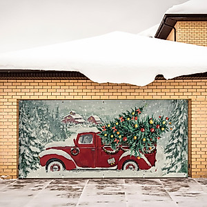 Ganeen 6x13 ft Christmas Outdoor Red Truck Garage Door Banner Large Winter Forest Pine Trees Snowy Backdrop Holiday Background Sign for Xmas Garage Door Wall Decoration Props Gifts