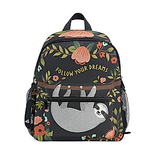 Wamika Summer Tropical Sloth Floral Backpack for Kids Girls Boys Funny Animal Palm Leaf Bookbag Daypack with Chest Strap Mini Elementary School Bags Water Resistant Durable for School Student