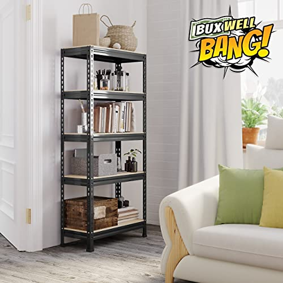 BuxWellBang 5-Shelf Heavy Duty Shelving - Adjustable Garage Storage Shelves, Metal Utility Storage Racks for Warehouse Pantry Basement Kitchen, Garage Organizers Shelf Unit, Black