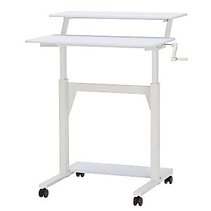 UNICOO – Crank Adjustable Height Standing Desk, 2 Tier Adjustable Sit to Stand up Desk, Mobile Standing Desk, Rolling Desk – (White Top/White Frame) 2T-Crank