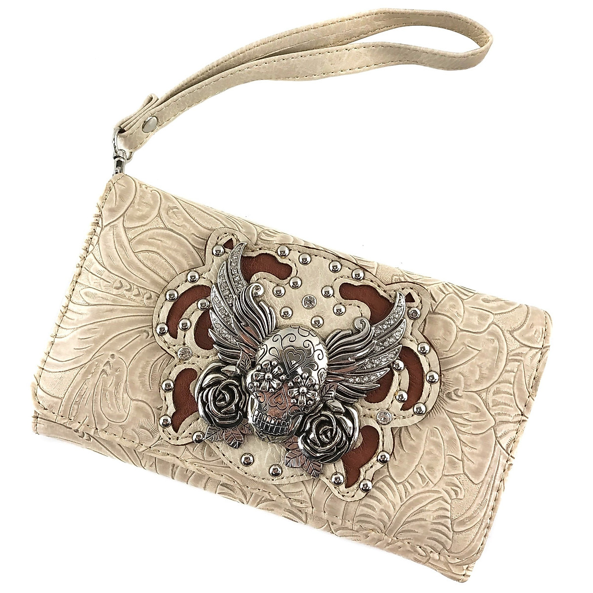 Justin West Tooled Winged Sugar Skull Roses Laser Cut Wristlet Trifold Wallet Attachable Long Strap (Silver)