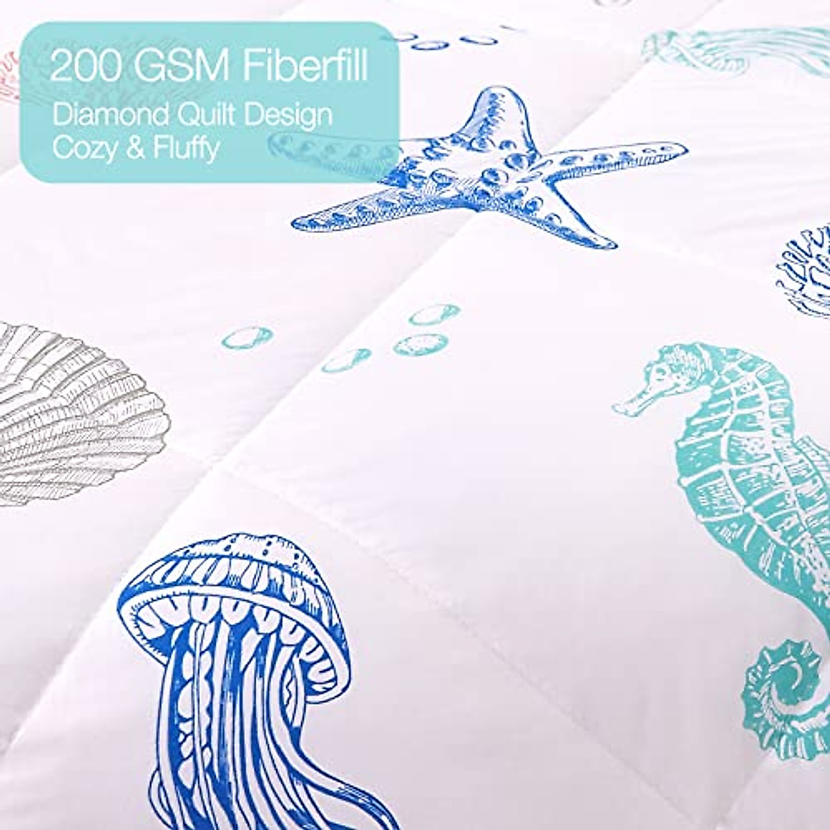 JSD Beach Theme 2 Piece Twin Kids Comforter Set, Jellyfish Starfish Shell Printed Comforter with Pillow Sham, Soft Comfortable Machine Washable
