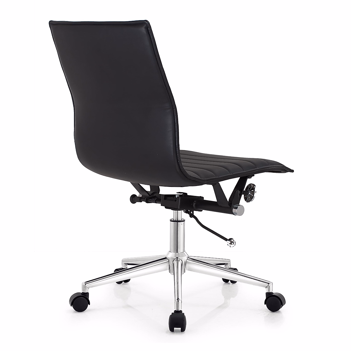 2xhome - Mid Back Height Modern Office Arm Chair, Ribbed PU Leather Seat with Swivel Tilt Adjustable Chrome Base - Executive Conference Room Task Chair (Black)