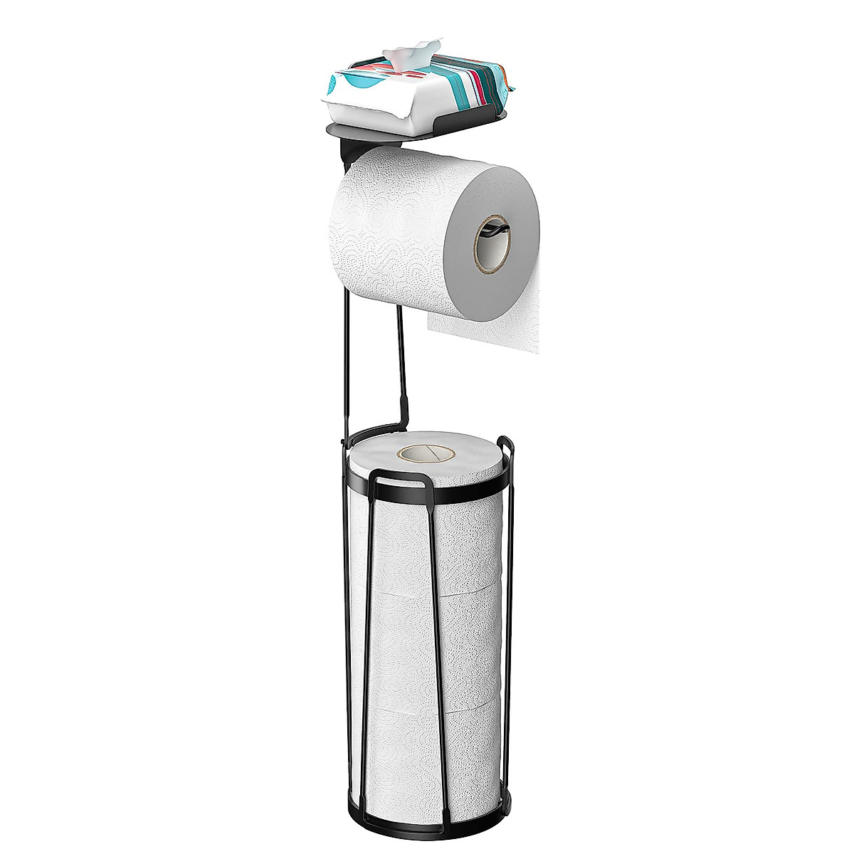 ROLABAM Heavy Weighted Toilet Paper Holder (with Reserve Function and Shelf) Free Standing Toilet Paper Storage，Spare Tissue Paper Roll Holder Storage Stand for Bathroom Total Height 26" ，Matte Black