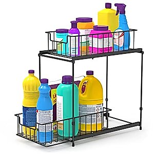 FixOwl Under Sink Organizer, 2-Tier Kitchen Cabinet Organizer with Sliding Storage Basket Drawers, Multi-purpose Cabinet Organizer Black