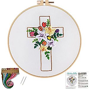 Louise Maelys Cross Lily Pattern Embroidery Starter Kit,Cross Stitch Kits for Adults with Embroidery Hoop Needles Threads Instruction -Easter Jesus