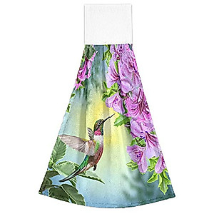 YYZZH Hummingbird Bird Pink Flower Green Leaves Floral Hibiscus Kitchen Hand Towels with Hook & Loop Set of 2 Absorbent Bath Hand Towel Hanging Tie Towel