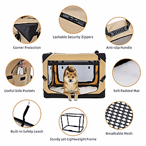 Pettycare 30 Inch Collapsible Dog Crate for Medium Dogs, 4-Door Foldable Soft Dog Kennel with Chew Proof Mesh Windows, Indoor & Outdoor Travel Dog Crate, Soft Side Dog Crate,Beige