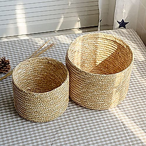 Zhuxin Woven Straw Storage Baskets with Lid, Rattan Snack Container Multipurpose Bins Laundry Toys Organizer Household, Round Large Diameter 22cm Height 17cm