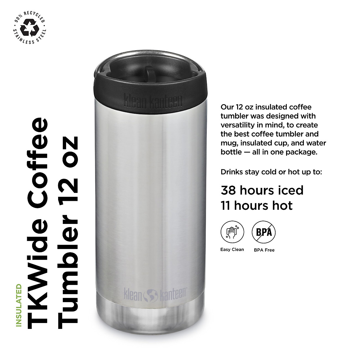 Klean Kanteen 12oz TKWide Insulated Water Bottle with Twist Cap - Brushed Stainless