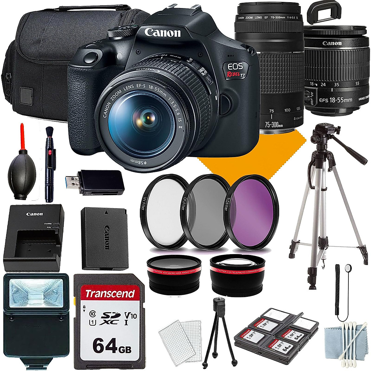 Canon EOS Rebel T7 DSLR Camera with 18-55mm EF 75-300mm f/4-5.6 III Lens+Commander Starter Kit+Lens Filters+CASE+64Memory Card(18PC)