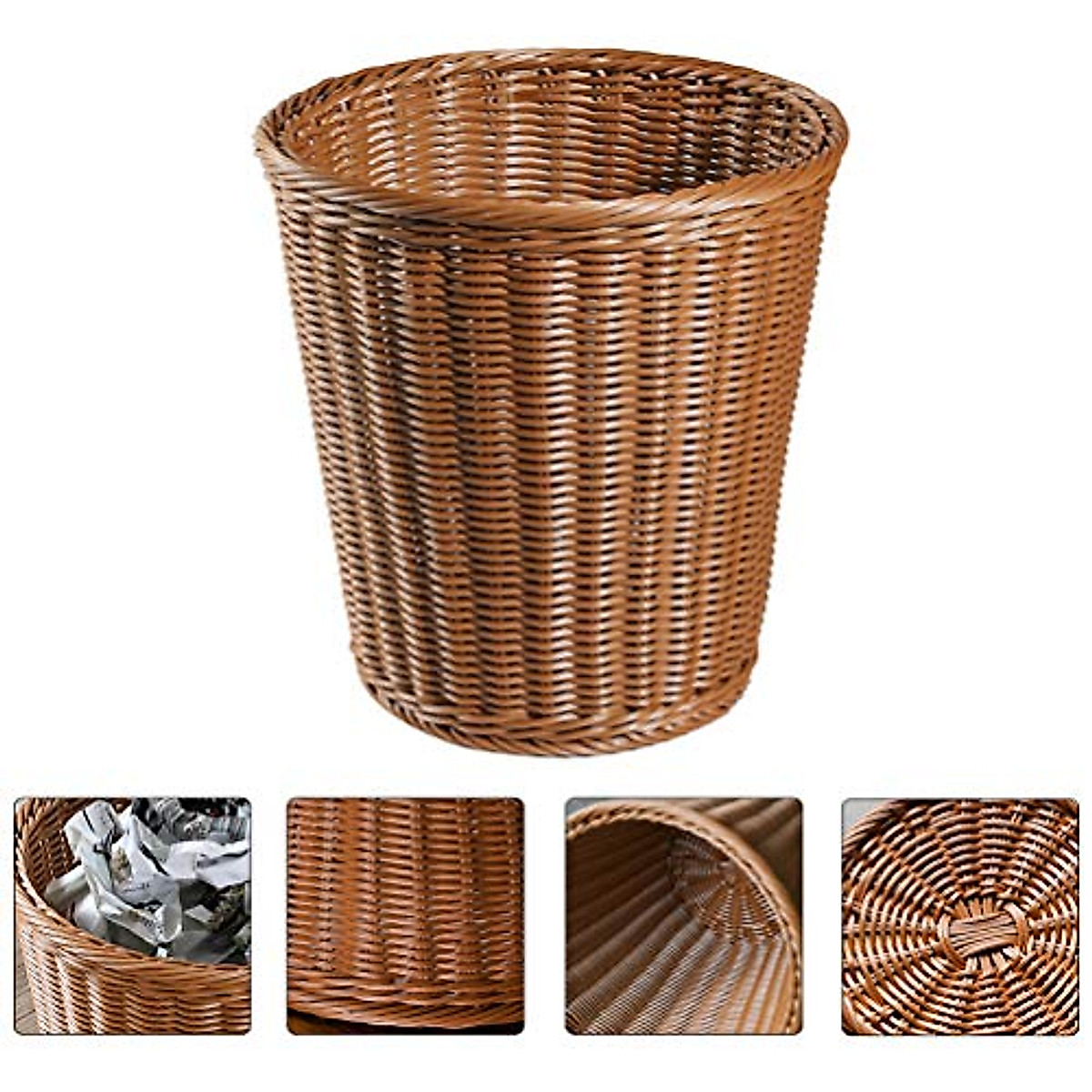 VOSAREA 1PC Plastic Wastebasket Simulated Rattan Woven Trash Basket Home Garbage Container Wastebasket Retro Waste bin (Imitated Rattan Style)
