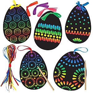 Koogel Easter Egg Scratch Art Set, 36 PCS Rainbow Scratch Art Mini Notes with Colorful Ribbon and Wooden Stick Crafts for Kids Party Favor Easter Decor Tree Decor