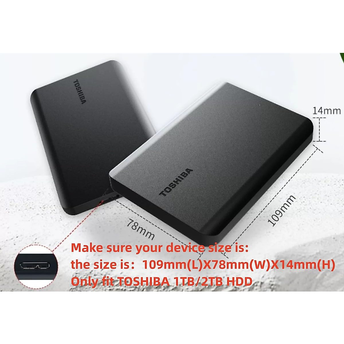 2 Pack Soft Silicone Protective Case Cover Sleeve Compatible with Toshiba Canvio Basics A5 1TB 2TB Portable External Hard Drive HDD, Shockproof dropproof Scratch Resistant Skin (Black+red)