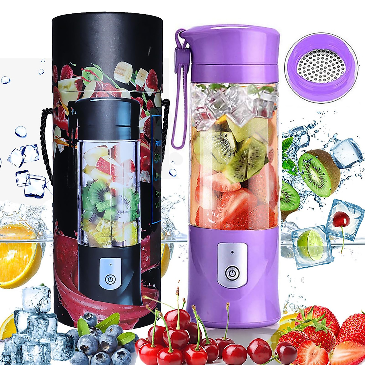 Portable Blender, Type-C Rechargeable Travel Juicer Cup + Glass Tumbler with Straw and Lid