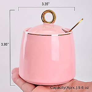 WHJY Ceramic Sugar Bowl with Lid and Spoon, Simple White Clear Porcelain Salt Bowl Salt Container, Modern Spice Box Seasoning Jar for Home and Kitchen Coffee Bar - Pink