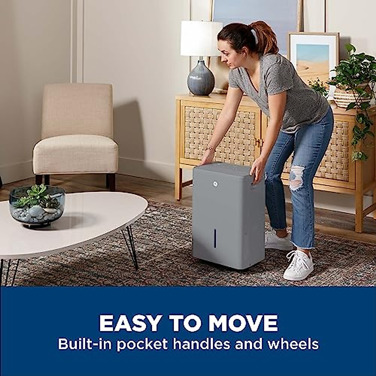 GE Smart Energy Star Portable Dehumidifier w/WiFi for Basement, Bedroom, Bathroom, Garage, Large Rooms up to 4500 Sq Ft, 50Pint w/Removable Bucket & Continuous Drain Connect for Auto/Manual Drainage