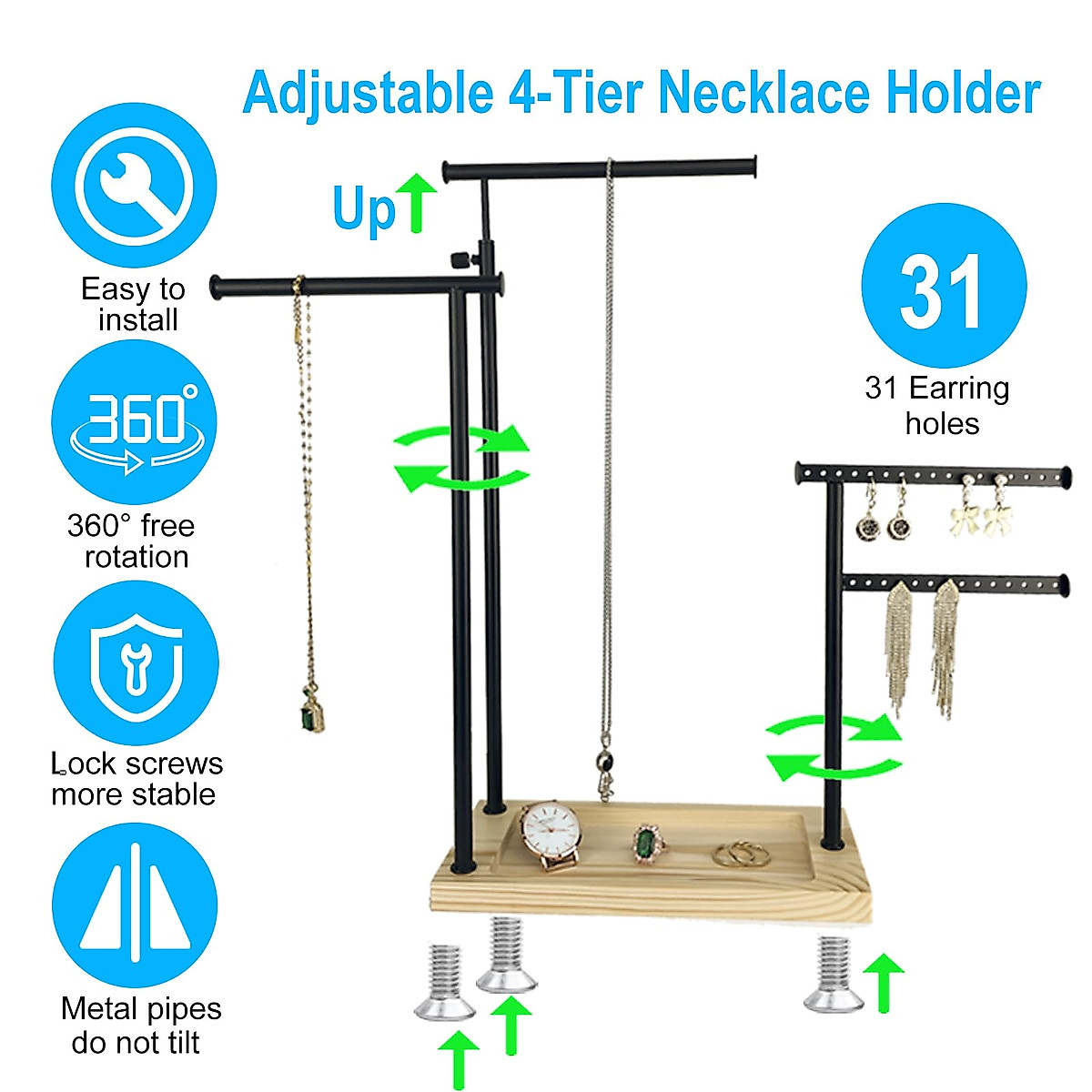 lengnoyp Premium Jewelry Stand, 4-Tier Storage Necklace Holder Stand, Earring Holder AdjustableTall 20I N (Max), Jewelry Organizer for Necklace, Bracelet, Earring, Black