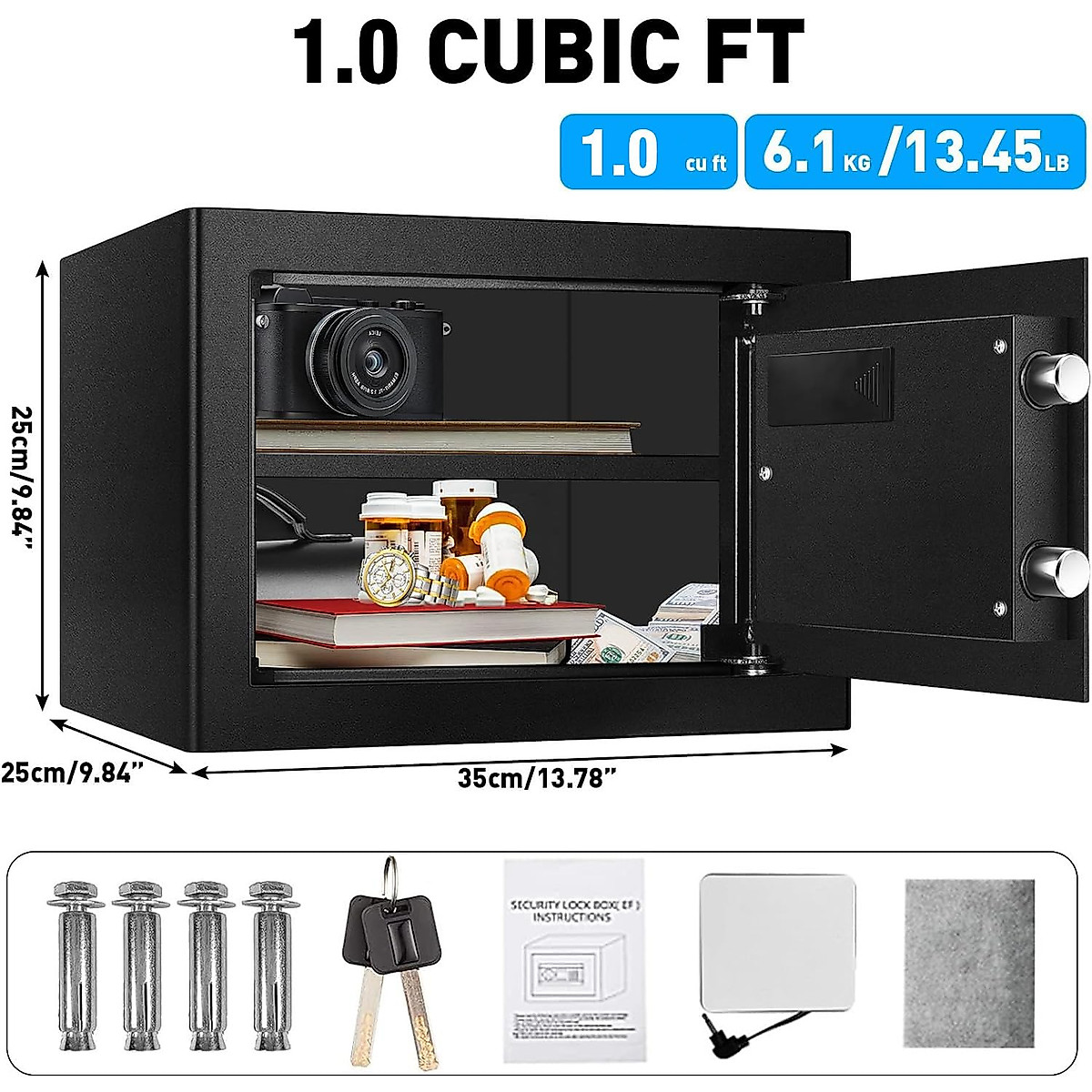 TOTOY 1.0 Cu Ft Personal Safe Box with Sensor Light -Electronic Keypad Security Safe Steel Construction Hidden Key Lock, Removable Shelf, Digital Safe for Jewelry Documents Pistol Money