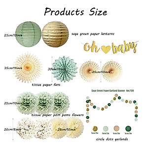 Sage Green Baby Shower Decorations Oh Baby Banner Tissue Paper Pom Poms Flowers Paper Fans Circle Dot Garland Neutral Party Supplies Boy Girl Gender Reveal Birthday Party Decorations