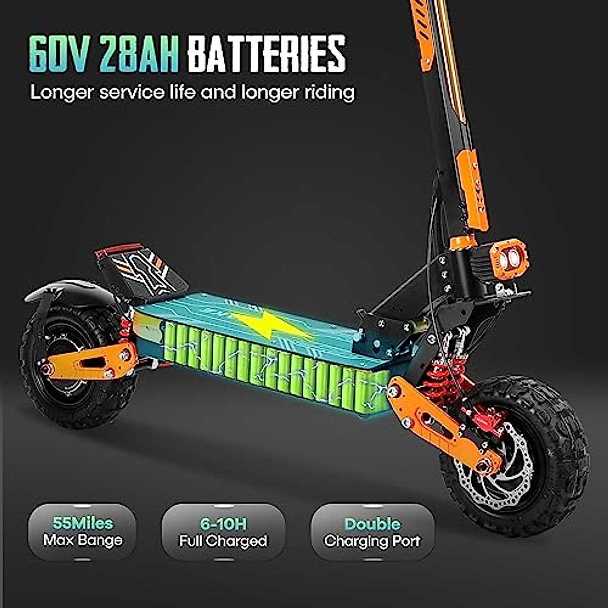 ZSNAKE Electric Scooter for Adults 2800W Motor Dual Motors 5600W Up to 52 MPH 60V 28Ah Battery 55 Miles Range, 11" Tubeless Off-Road Tire Sports Folding E-Scooter with Seat
