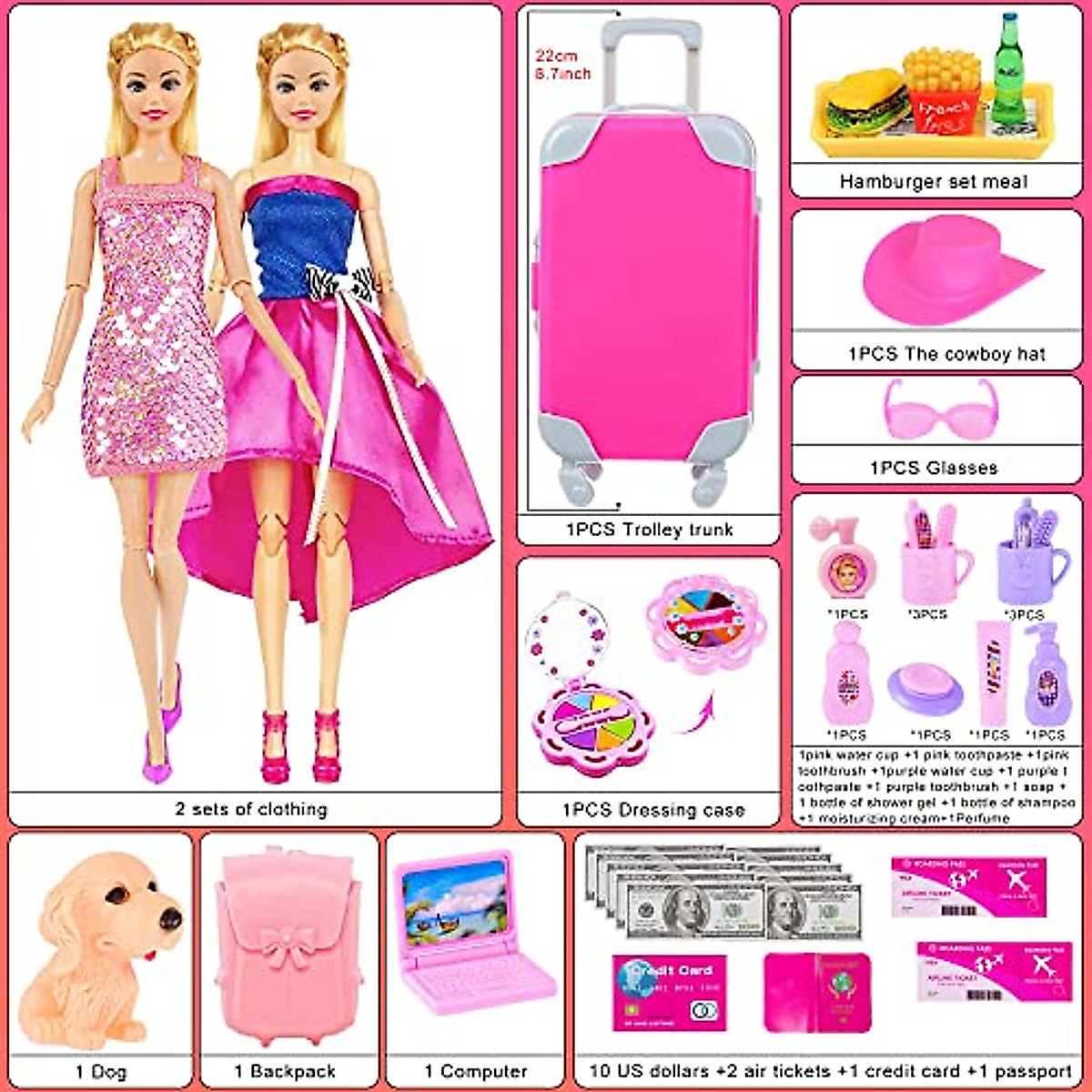 34 Pack Fashion 11.5 inch Girl Doll Clothes and Accessories Travel Luggage Suitcase Set with Dress Backpack Hat Glasses Puppy Food Toys etc (No Doll)
