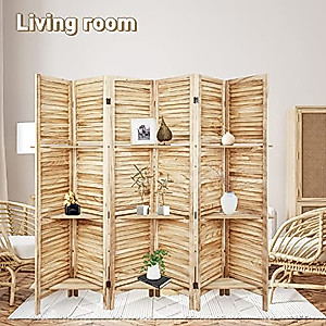 ECOMEX Room Divider 6 Panel, Wood Folding Room Divider Screen, Room Divider with Shelves and Easy Move Partition, Freestanding Room Screen Divider with Display Shelves (Natural Color)