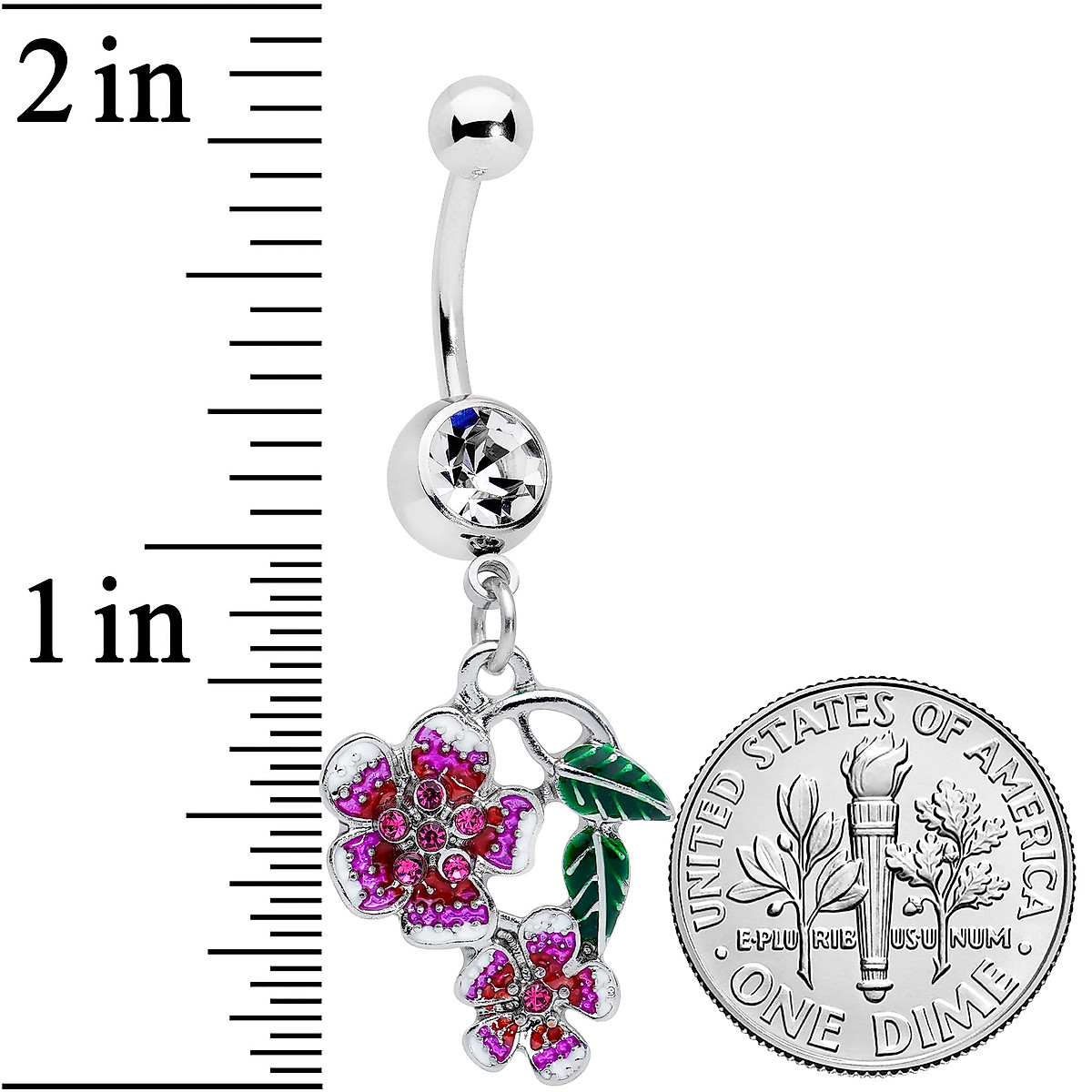 Body Candy Womens 14G 316L Steel Navel Ring Piercing Clear Red Accent Double Flower Dangle Belly Button Ring