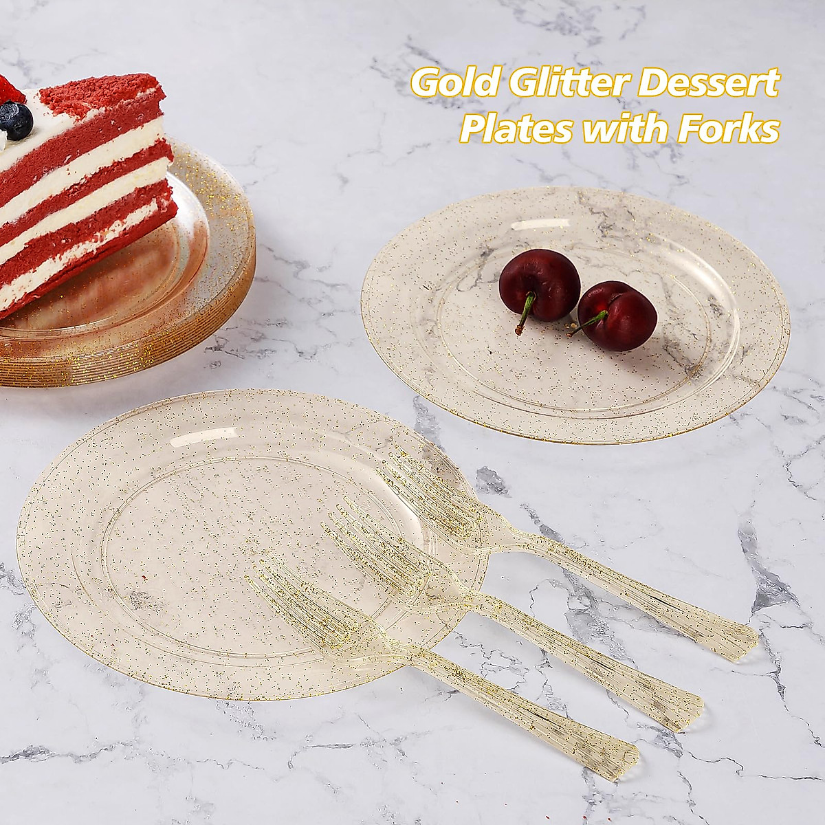 Goodluck 60 Plastic Dessert Plates 6.3" with 60 Plastic Forks 5.7", Gold Glitter Disposable Plates for 60 Guests, Heavy Duty Plastic Plates for Party, Appetizer Plates for Wedding
