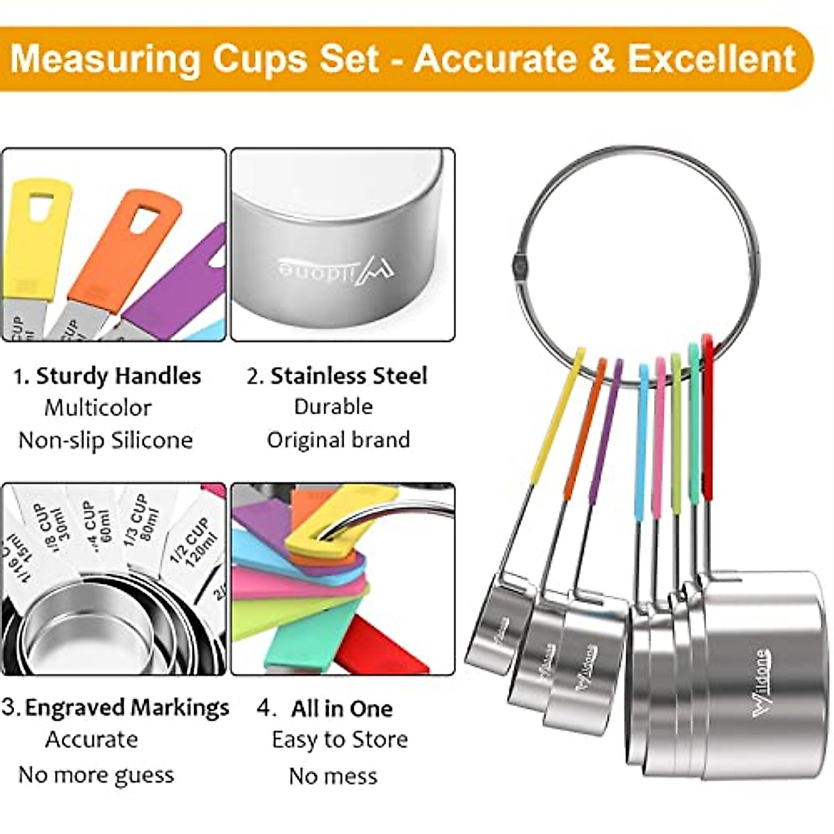 Wildone 8-Piece Measuring Cups Set, Stainless Steel Nesting Measuring Cups, Perfect for Dry and Liquid Ingredients, Dishwasher Safe