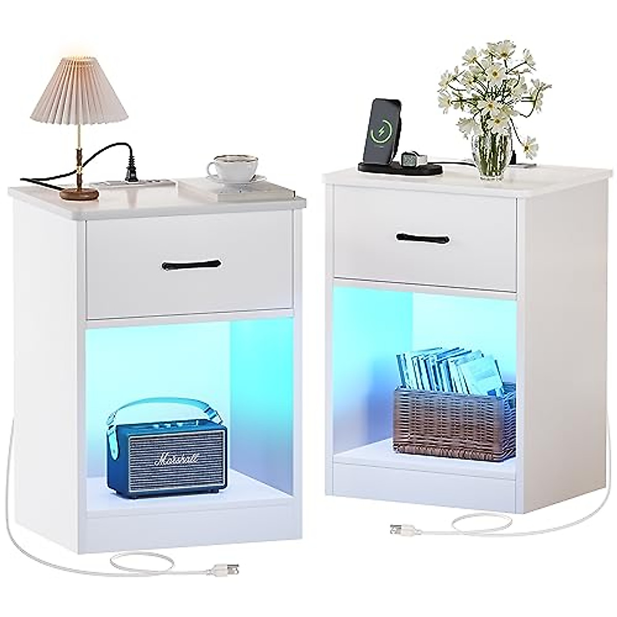 SUPERJARE L Shaped Computer Desk with Power Outlets & LED Lights and Nightstands Set of 2 with Charging Station & LED Light Strips, White