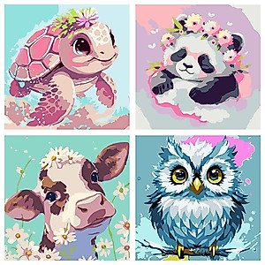 FQOVKYN 4 Pack Paint by Number for Kids, Cute Animals Paint by Numbers Kit for Adults Beginner, Easy Acrylic Watercolor Paint by Numbers Canvas Arts and Crafts for Wall Decor (8 * 8in)