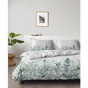 Yun Nist King 4 Piece Bedding Set Summer Eucalyptus Leaf Green Leaves,Soft Breathable Duvet Cover and Pillowcase,Country Farm Plants on White Washable Bed Sheets for Bedroom Dormitory Guest Room