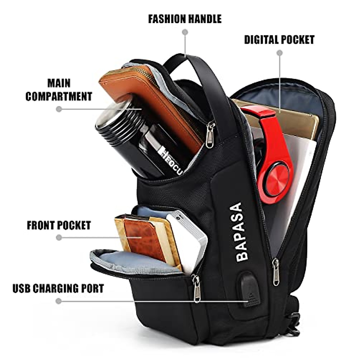 Anti Theft Small Sling Bag for Men, Crossbody Backpack with USB Charging, Waterproof Shoulder Bag with One Strap split in Two(black)