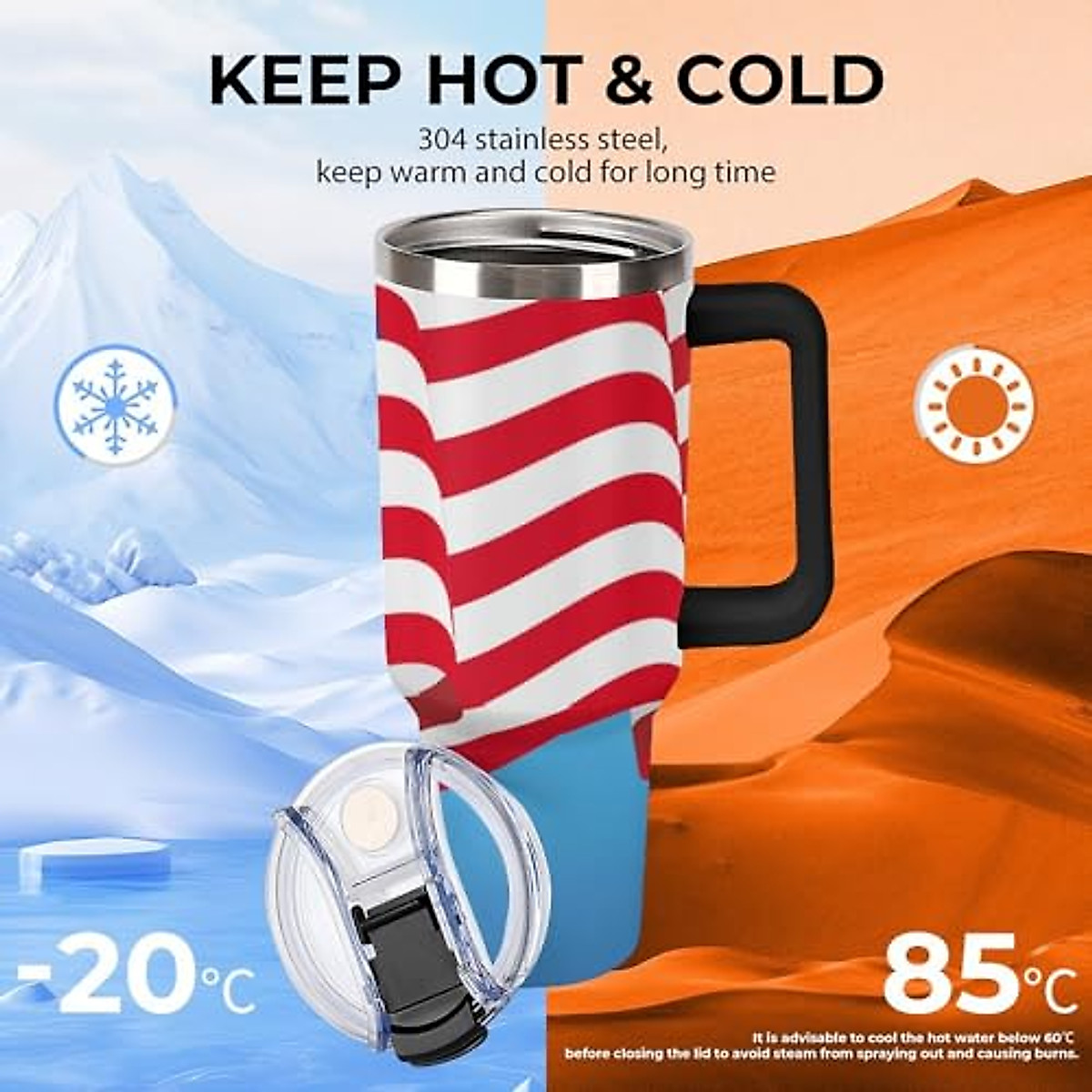 Water Bottle with Lid And Straw, Large Capacity Red Blue White American Flag 40 oz Travel Stainless Steel Cups, Handle Insulated Tumblers for Men, Women