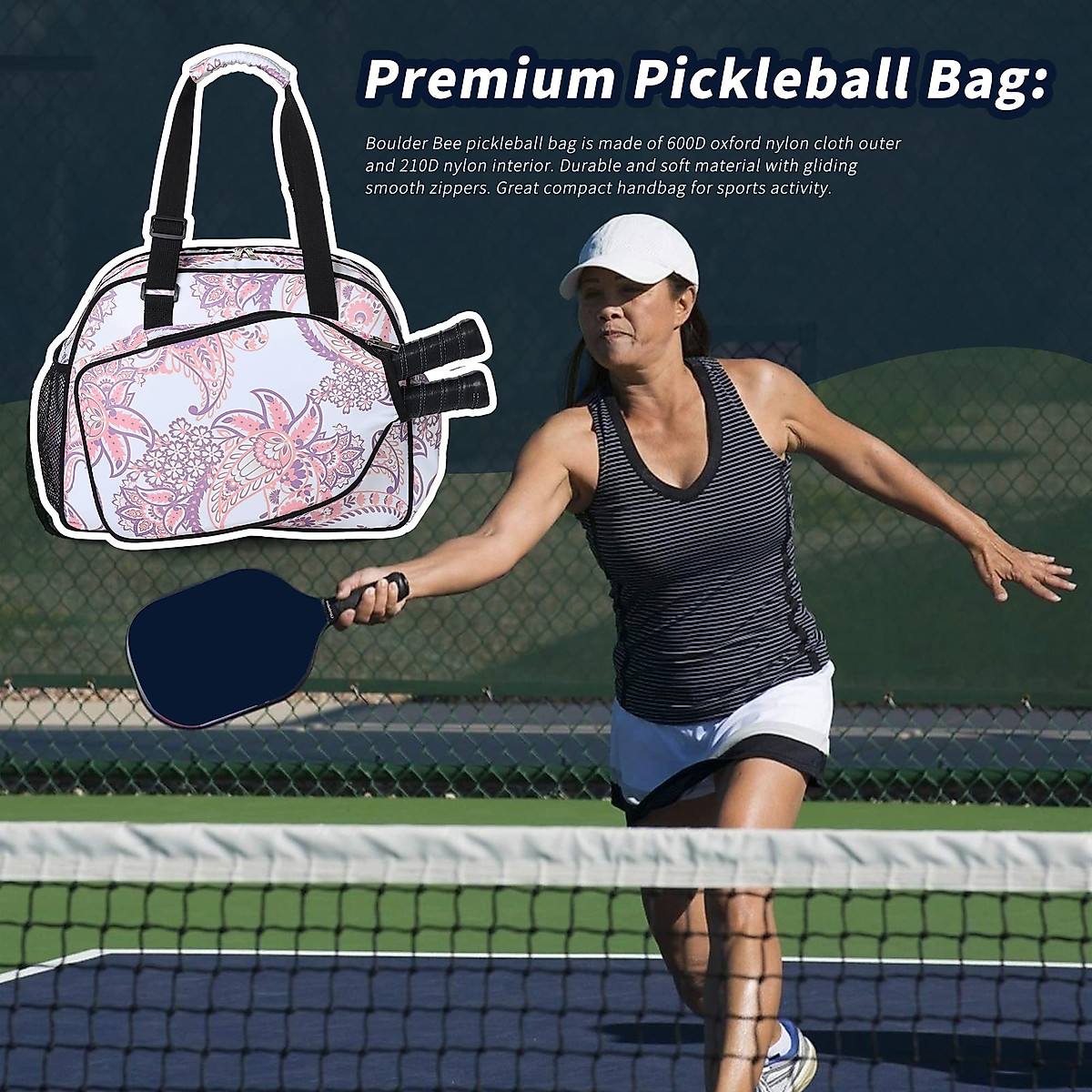 Boulder Bee | Premium Pickleball Bags | PickleBall Tote Bag for Women | Women’s Hand/Shoulder Gym Bag w Water Bottle Holder | With Racquet/Paddle Holder (Pink cashew flower)