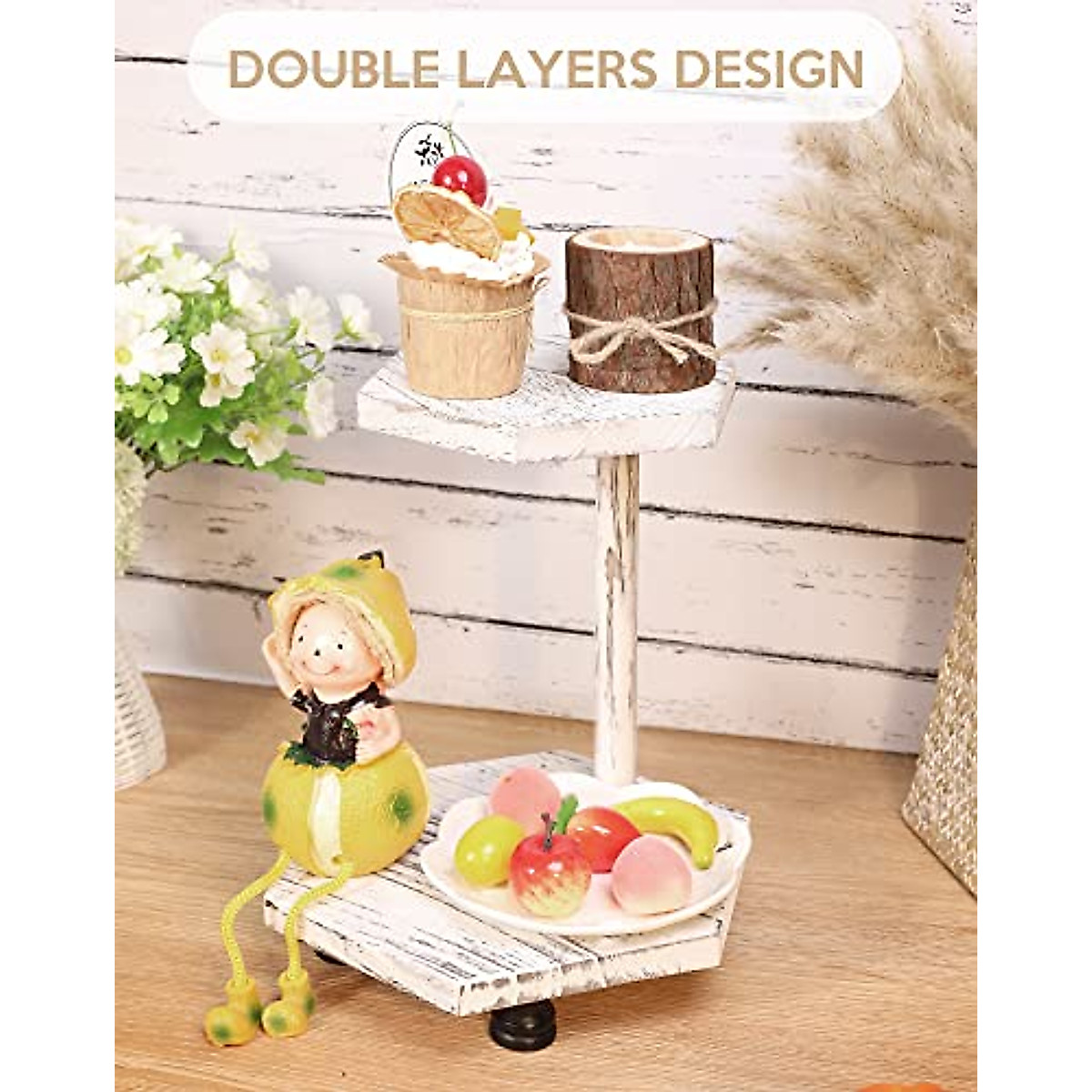 Tikea Hexagonal Wood Riser for Display, 2-Tier Farmhouse Wood Pedestal Stand for Kitchen Bathroom Counter Decor, Decorative Tray for Soap Dispenser, Candle and Plant