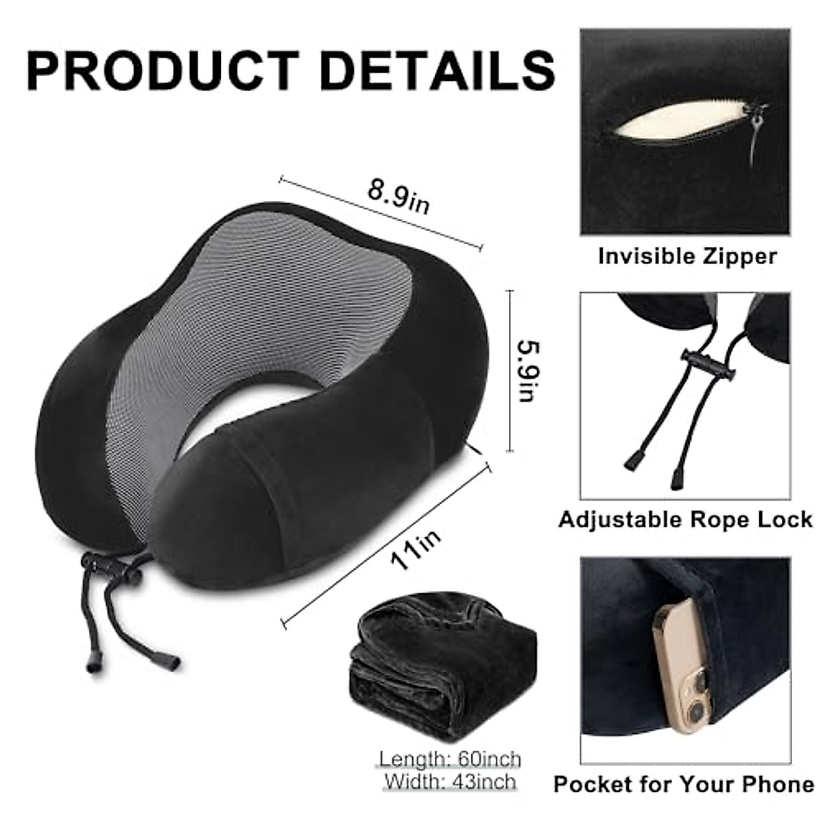 urnexttour Travel Pillow and Blanket Set Neck Pillow Airplane Memory Foam for Traveling Compact with Bag Black