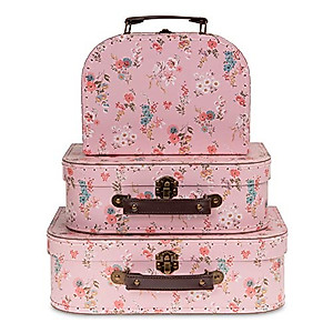 Jewelkeeper Paperboard Suitcases, Set of 3 - Vintage Decorative Storage Box, Luggage Decor Storage, Vintage Decor for Birthdays and Weddings, Pink Floral Design