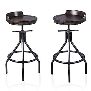 BOKKOLIK Set of 2 Bar Stools | Industrial Vintage Style | Swivel Wooden Seat | Bar Counter Height Adjustable 24-30inch | with Mini Backrest