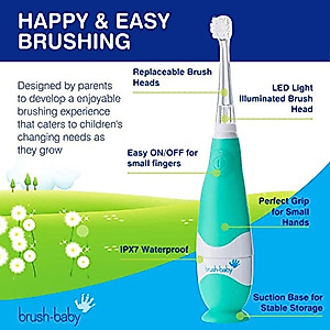 brush-baby BabySonic Infant and Toddler Electric Toothbrush for Ages 0-3 Years - Smart LED Timer and Gentle Vibration Provide a Fun Brushing Experience - Includes 2 Sensitive Brush Heads (Teal)