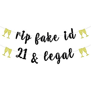 Rip Fake ID, 21& Legal Banner - Bunting Backdrops for Cheers to 21 Years - Funny Decorations for Happy 21st Birthday Party Supplies/Favors