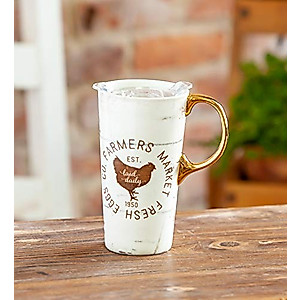 Cypress Home Farmhouse Chic Travel Mug - Farmers Market Ceramic Travel Cup - 5 x 7 x 4 Inches Insulated Coffee Tea Travel Cup